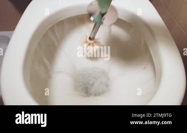 Female in Rubber Gloves Brushes a White Toilet Bowl, Flush Water ...