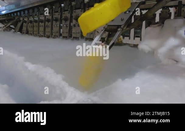 The process of freezing ice cream at the factory. Conveyor at the ice ...