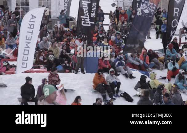 SOCHI, RUSSIA - APRIL 1, 2016: Ski resort. Snowboarders and skiers ...