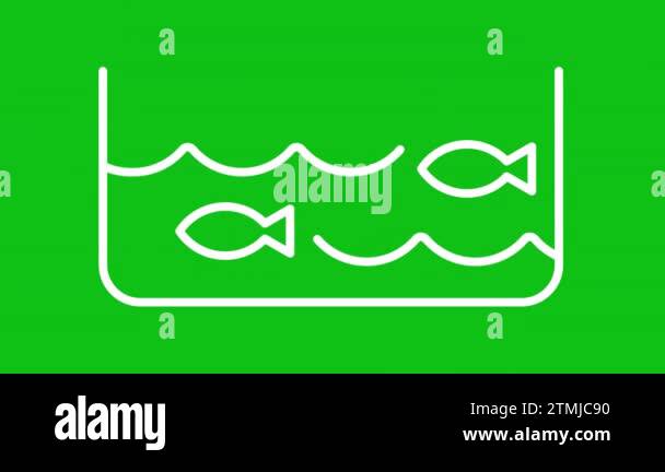 Animated aquarium white line icon. Fish swimming in tank with water ...