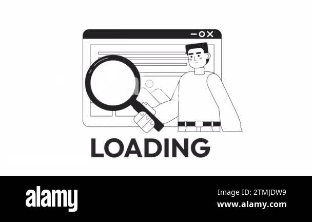 Animated bw debugging tool loader. Explore website. Flash message 4K video footage. Monochrome ...