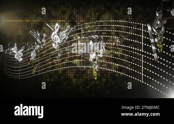 3d seamless music notes flowing with abstract line tune on black ...