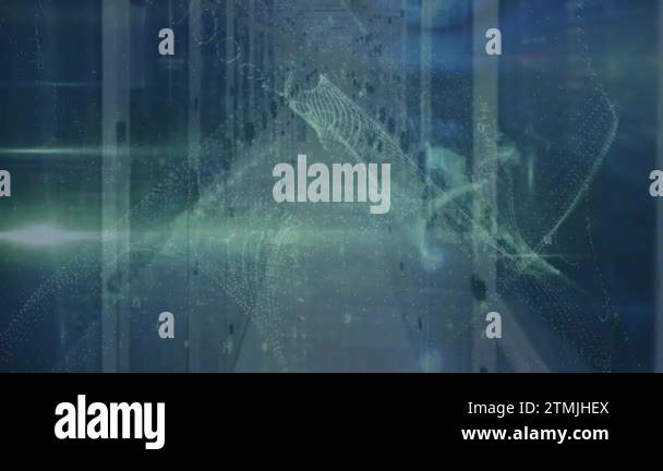 Animation of security padlock icon, digital wave and light spot against computer server room ...