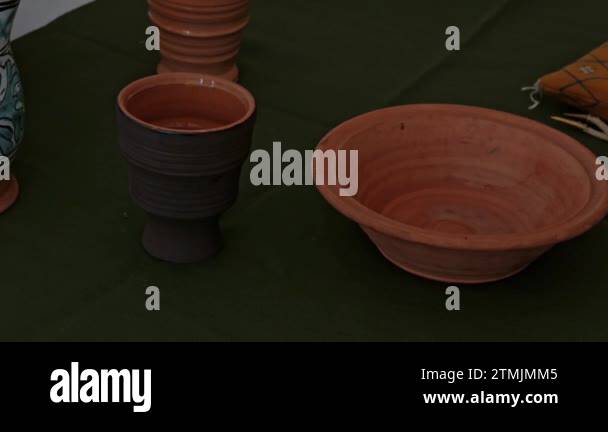 medieval historical re-enactment - Wooden Table with earthen clay ...