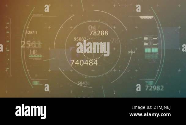 Animation of glitch effect and scope scanning over multiple changing numbers against grey ...