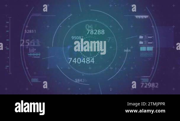 Animation of glitch effect and scope scanning over multiple changing numbers against blue ...