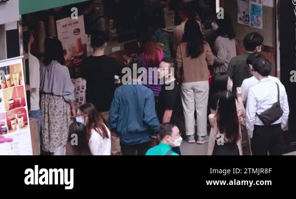 People Queue At Street Cafes In Hong Kong, Asian Street Food Stock ...