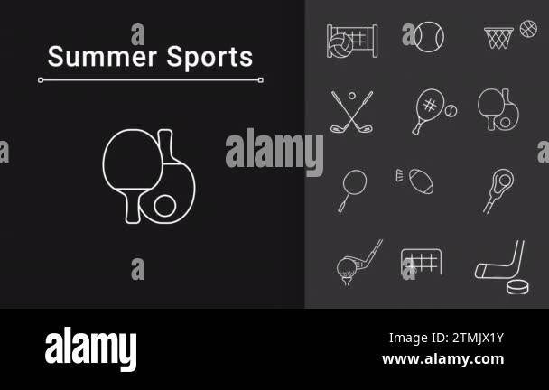 Summer sports white line animations. Summertime activities. Team and ...