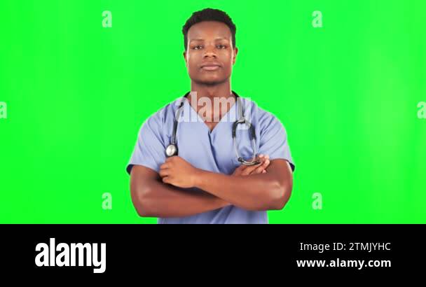 Black man, serious doctor and face on green screen, assertive with ...