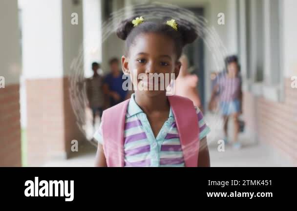 Animation of lights and data loading over happy african american ...