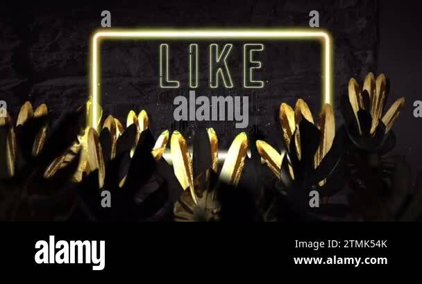 Animation of like share subscribe texts and neon frame over leaves on ...