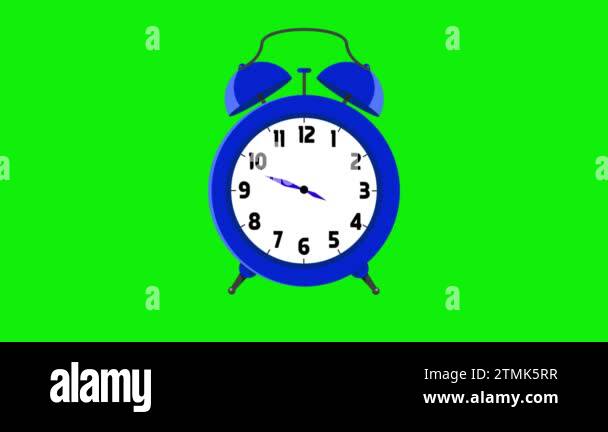 Animated blue alarm clock moving time on green screen. Time lapse clock changes - animated ...