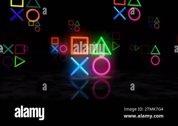 Joystick icons neon glowing symbol. Light color bulbs. Esport video ...