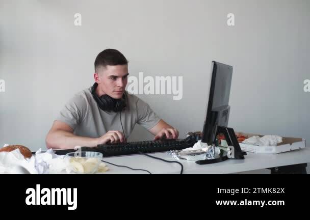 Tired developer. Work fatigue. Sleepy exhausted drowsy programmer man ...