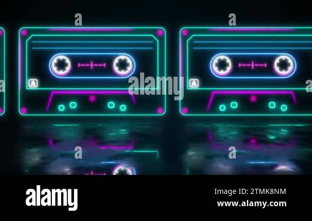 Neon cassette on reflective wet floor, lights up and goes out. Cassette ... Neon cassette on reflective wet floor, lights up and goes out. Cassette ...