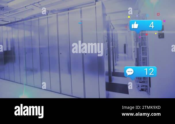 Animation of social media icons and blue light spot against computer server room. Social media ...
