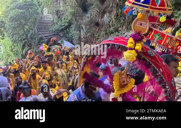 Beautiful Kavadi carried by hindus walking on stairs of Murugan temple ...