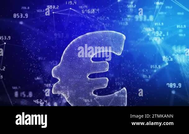 3D hologram of euro currency symbol on blue background with plexus ...