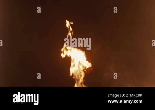 Tongues of flame rise up on a black background in the spotlight. The ...