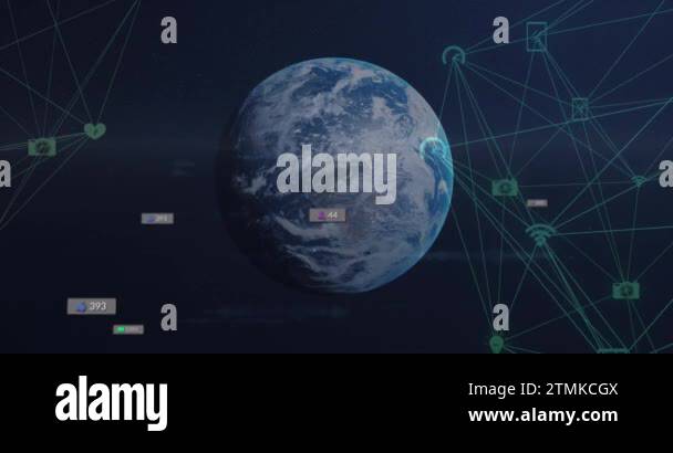 Animation of connected icons with changing numbers in message boxes over rotating globe ...