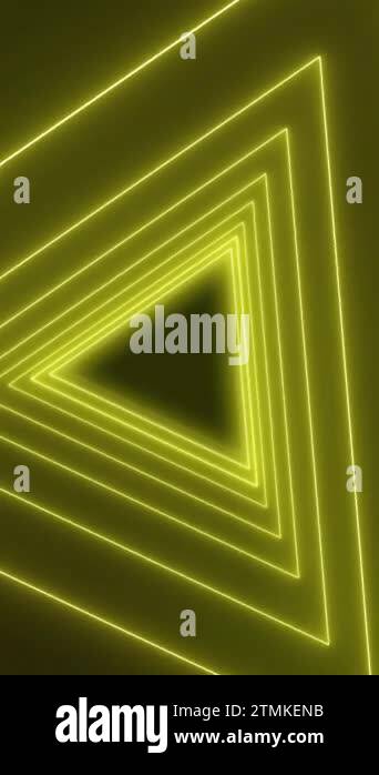 Vertical video animation of many triangles in neon yellow on dark ...