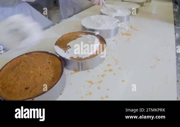 Cakes production factory. Hands cooking, preparing cakes on a conveyor ...