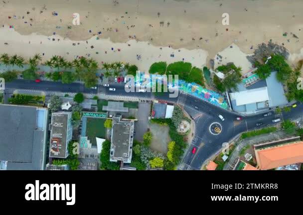 Aerial top view over Patong beach dolphin circle..The dolphin ...