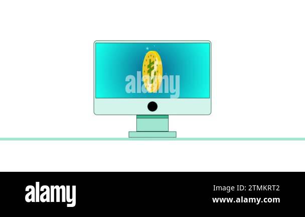 Appearing desktop monitor and animated coin animation on it's display ...