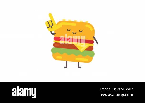 Hamburger character points finger at and smiles. Alpha channel. Looped ...
