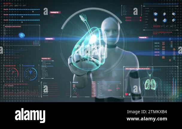 Robot, cyborg touching digital screen, Rotating Human lungs, Pulmonary ...