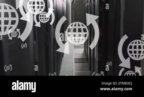 Animation of multiple web globe icons floating against computer server room. Global networking ...