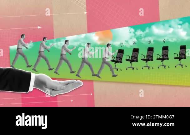 Male employee walking on giant hand and getting position in company ...