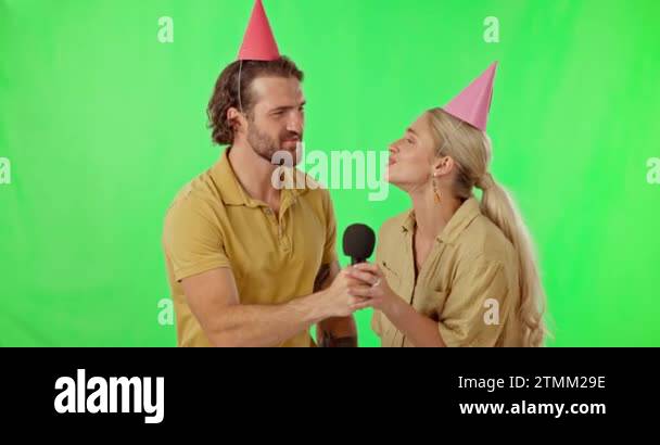 Green screen, birthday and friends singing karaoke for a celebration ...