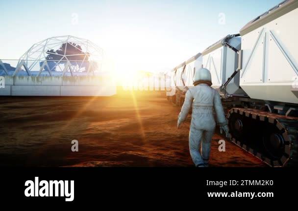 Astronaut and rover on alien planet. Martian on mars. Sci -fi concept ...
