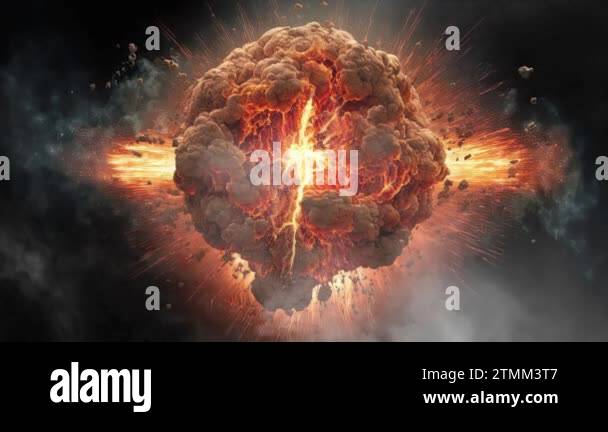 fireball created by a nuclear explosion on a war-torn space and world ...