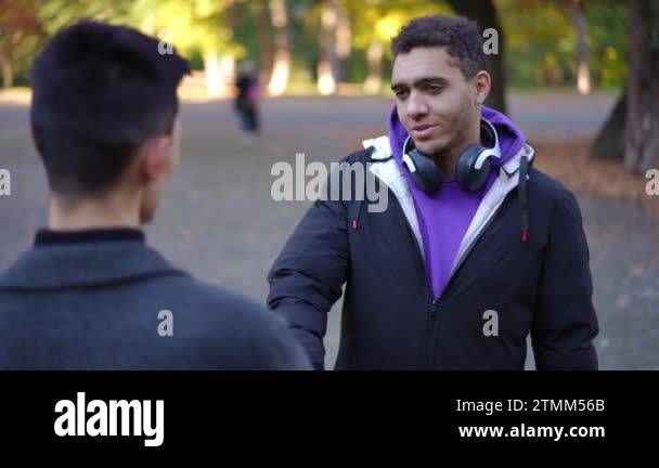 Positive confident African American man shaking hands with groupmate ...