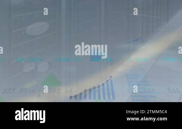Animation of statistical data processing and arrow icons moving upwards against computer server ...