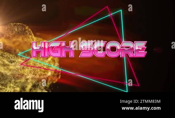 Animation of high score text banner over golden digital wave and light ...