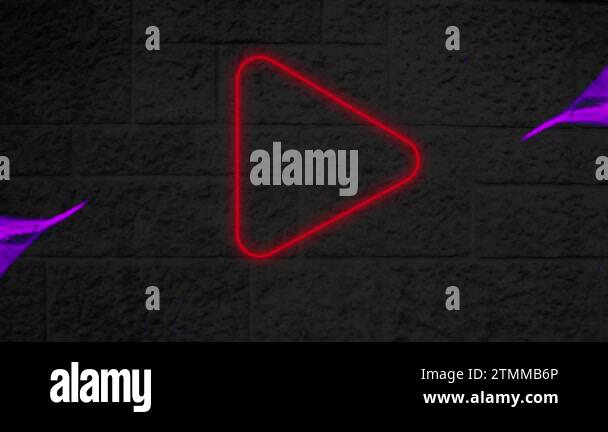 Animation of neon red play button icon and purple digital wave against ...