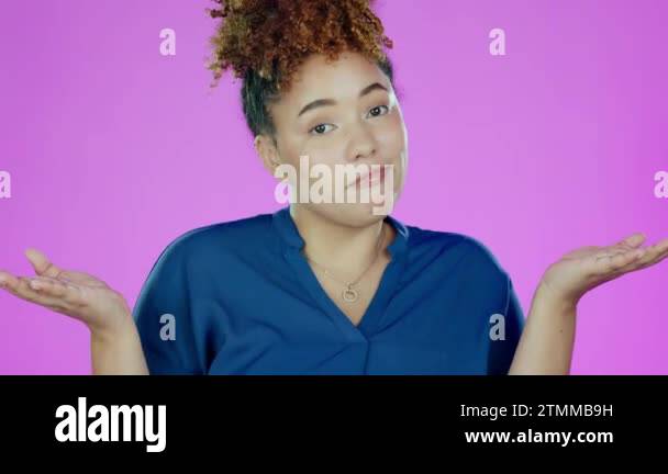 Face, confused woman and shrugging in studio, background and backdrop ...