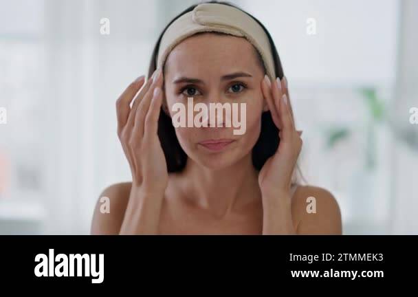 Worried Lady Checking Wrinkles At Bath Room Pov Closeup Stressed Woman Feeling Sad Of Bad Skin 