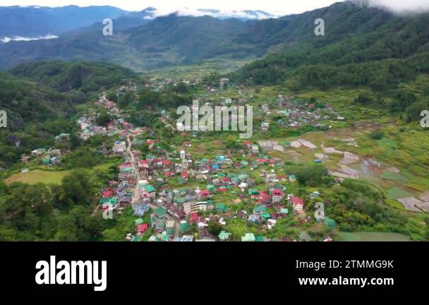 The town is surrounded by mountains, a top view. Sagada city on Luzon island, Philippines ...