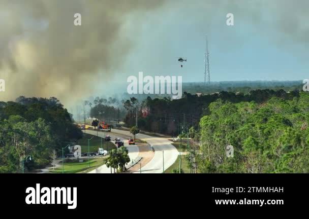 Emergency service helicopter and firetrucks extinguishing wildfire ...
