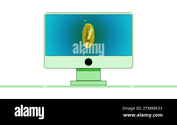Appearing desktop monitor and animated coin animation on it's display ...