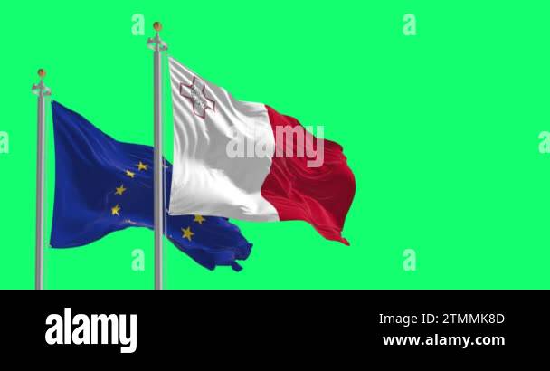 Malta and the European Union flags waving isolated on a green screen ...
