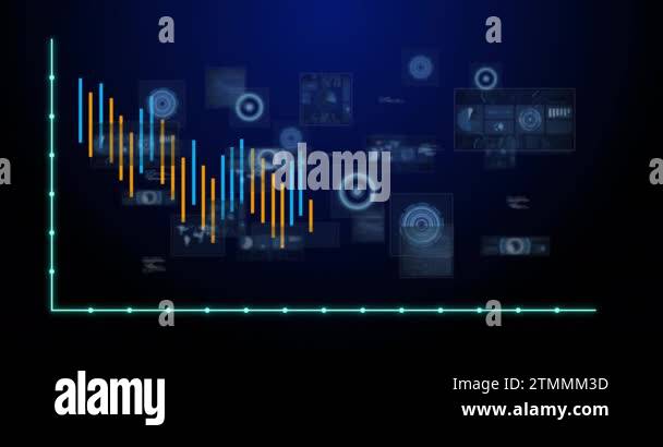 Animation of round scanners and data processing against blue background ...