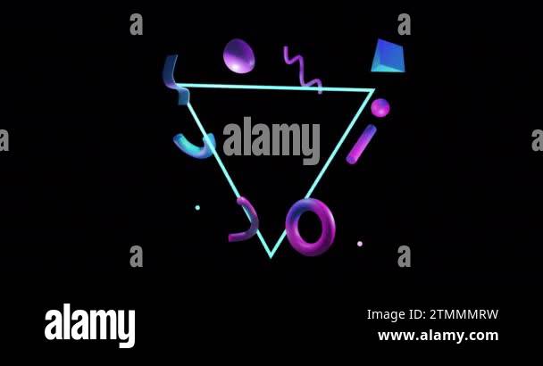 Animation of abstract 3d shapes over rotating triangle and black background. Communication, data ...