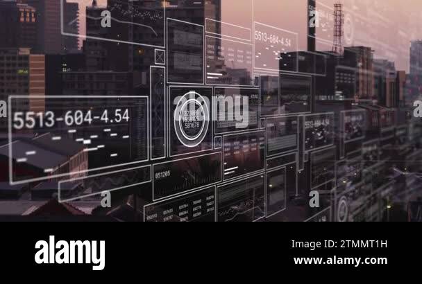 Animation of loading bars, circles, graphs and changing numbers over modern city in background ...