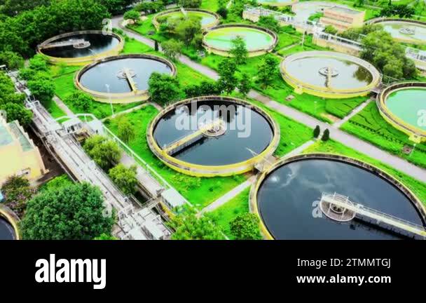 Aerial view of sewage treatment plant. Grey water recycling. Waste ...