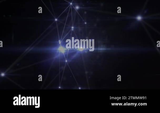 Animation of dots connected with lines over lens flares against black ...